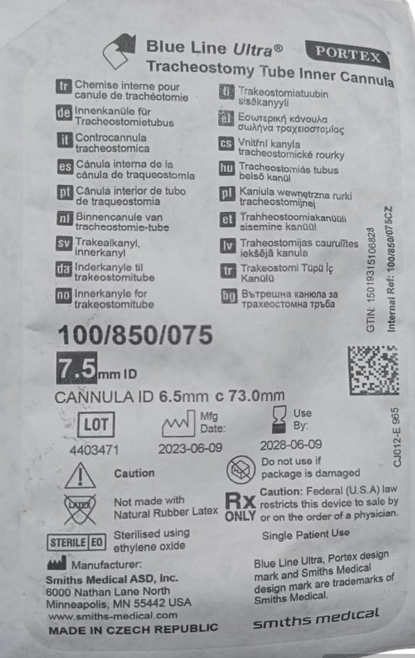 Portex Blue Line Ultra 7.5mm Inner Cannula Plain Tracheostomy Tubes ...